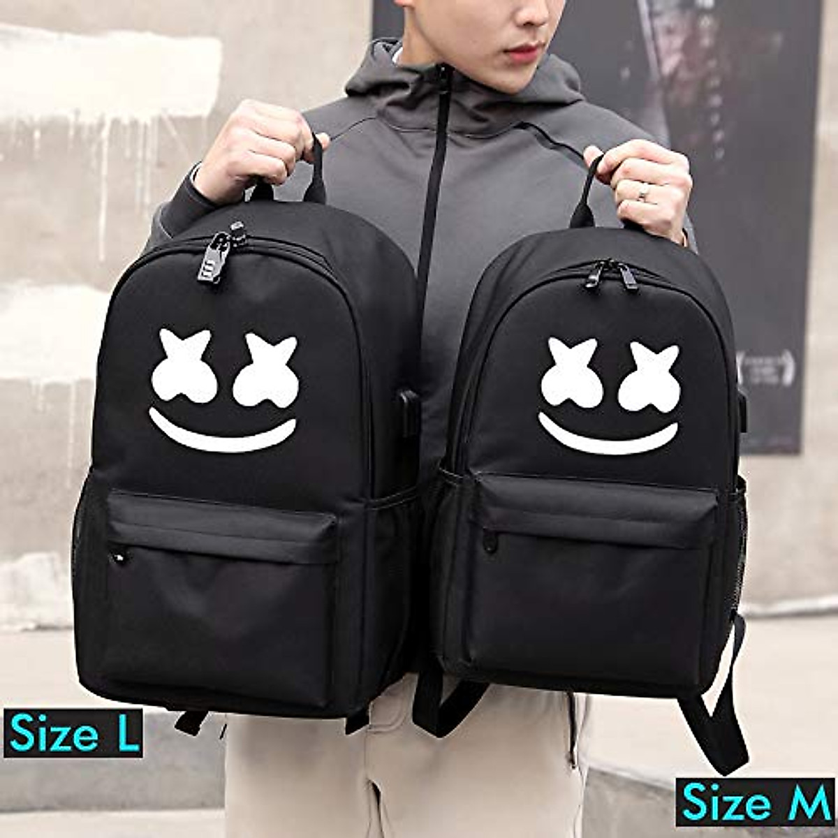 Mello Backpack Marshmallow Backpack Glow in Dark Smile Laptop Backpack for Boys USB Charging Backpack w/USB Headphone Ports & Cables & Lock (Classic Mello)