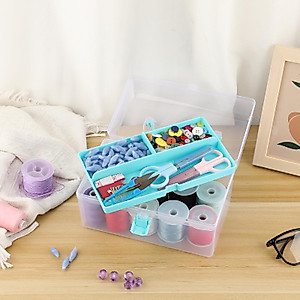 BTSKY Multipurpose Plastic Craft Storage Containers with Removable Tray, Clear Plastic Storage Box with Lid & Handle, Easy Carry & Stack Small Storage Container, 8.5x5x4.9 Inch, Rectangle-Blue