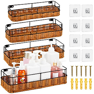 Menkxi 4 Pack Hanging Wall Basket Adhesive Shower Caddy Shelf Wall Mounted Organizer for Storage Wicker Shower Rack Holder for Bathroom Kitchen Cabinets Apartment Decor, 4 Sizes