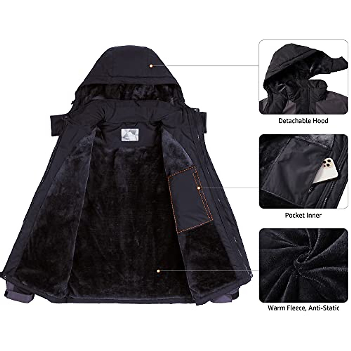 CAMEL CROWN Men's Waterproof Ski Jacket Warm Winter Snow Coat Mountain Windbreaker Hooded Raincoat Snowboarding Jacket