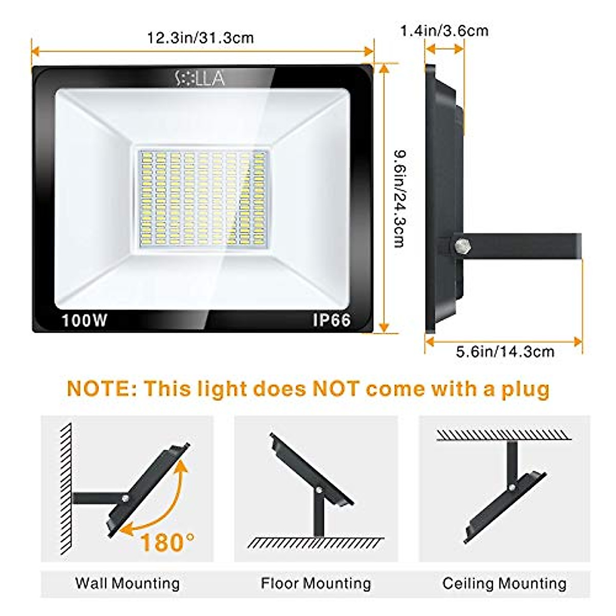 SOLLA 100W LED Flood Light, IP66 Waterproof, 8000lm, 550W Equivalent, Super Bright Outdoor Security Lights, 6000K Daylight White, Outdoor Floodlight for Garage, Garden, Lawn and Yard