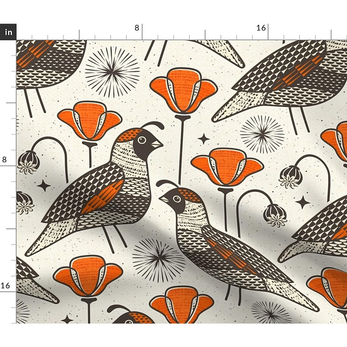 Spoonflower Fabric - Mid Century Quail Mod Floral Poppies Scandi Retro Neutral Bird Orange Printed on Petal Signature Cotton Fabric Fat Quarter - Sewing Quilting Apparel Crafts Decor