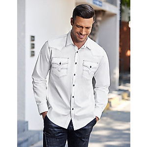 COOFANDY Mens Shirt Western Dress Long Sleeve Casual Cotton Button Down Denim Work, White, Medium, Long Sleeve