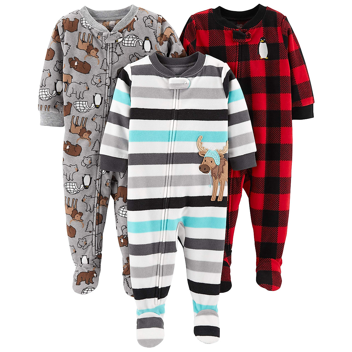 Simple Joys by Carter's Baby Boys' 3-Pack Loose Fit Flame Resistant Fleece Footed Pajamas, Buffalo Check/Polar Bear/Stripe, 18 Months