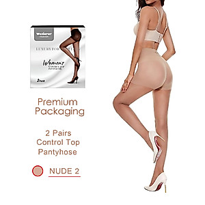 Weziarer 2 Pairs Women's Control Top Pantyhose - 20D Sheer Tights with Reinforced Toes (Nude,L)