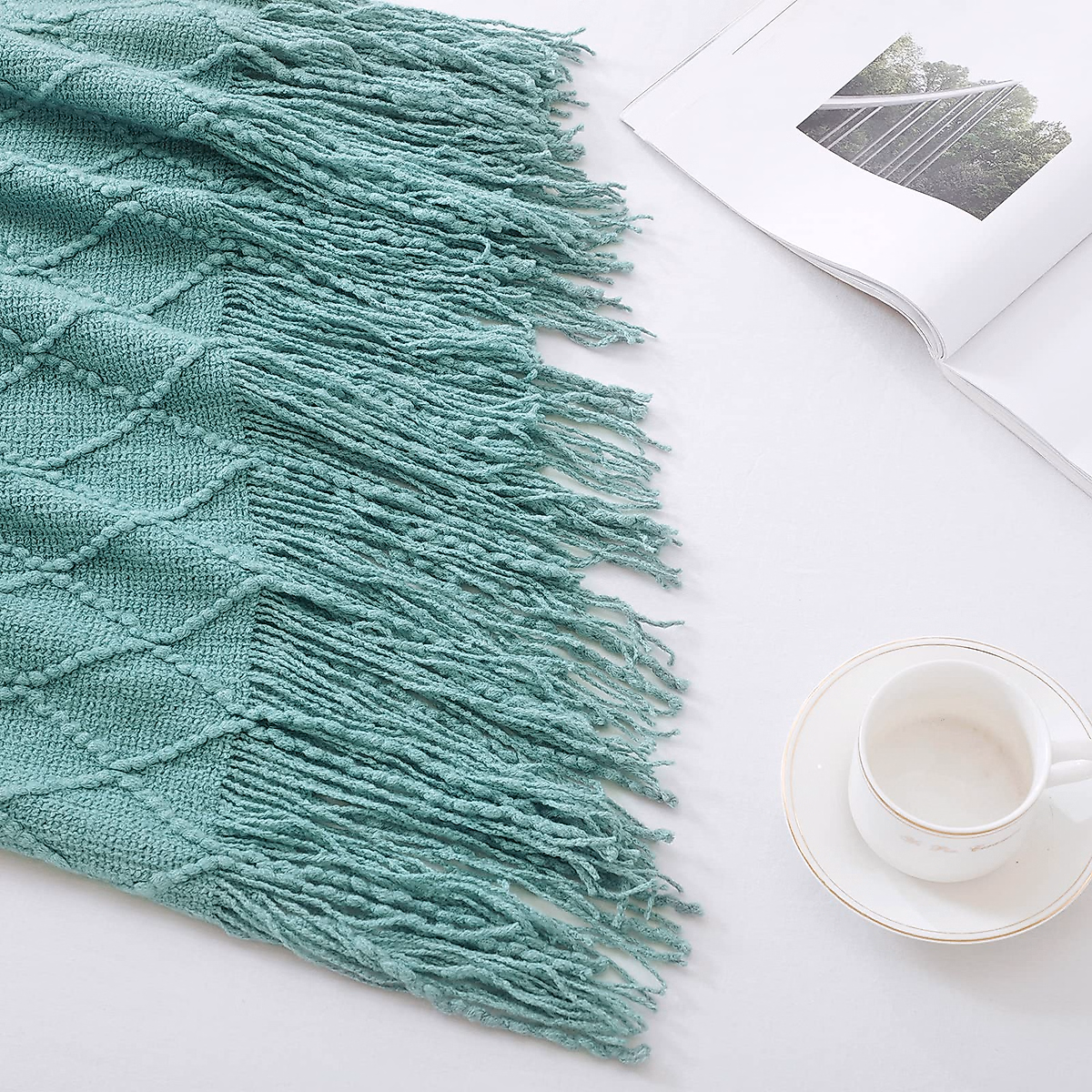 BOURINA Dark Cyan Throw Blanket 50x60 Inches Throw Textured Solid Soft Sofa Couch Decorative Knit Blanket