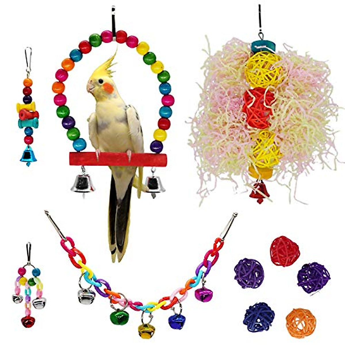 Yibager 10 Packs Bird Swing Toys wtih Bells Natural Parrot Chewing Toys Bird Cage Hanging Toys Suitable for Small Parakeet Cockatiel
