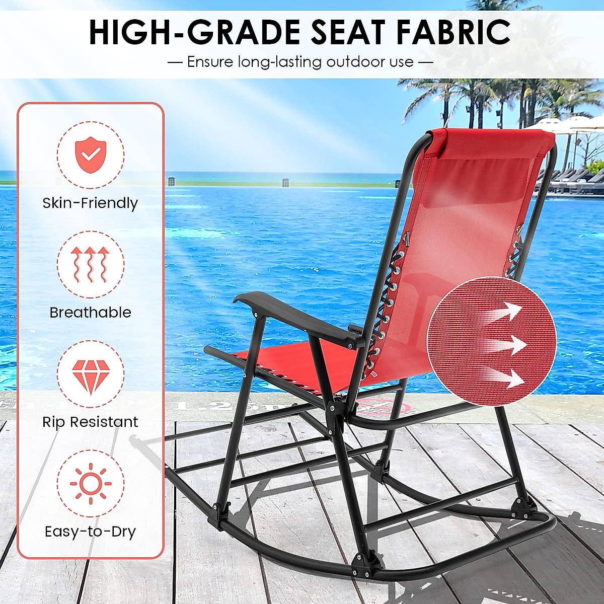Goplus Folding Rocking Chair, Zero Gravity Rocking Camping Chair with Pillow & Armrests, Folding Lounge Rocker for Outdoor Beach Poolside Yard Garden Indoor (Set of 2, Red)
