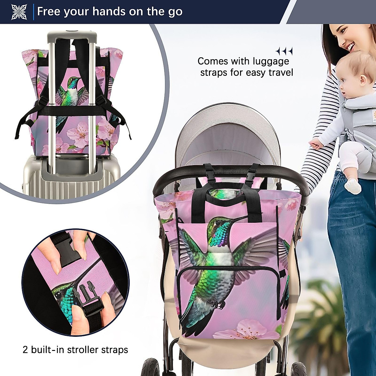 xigua Bird Hummingbird Diaper Bag Backpack Multi Function Baby Changing Bags Waterproof Large Capacity Travel Back Pack for Mom Dad