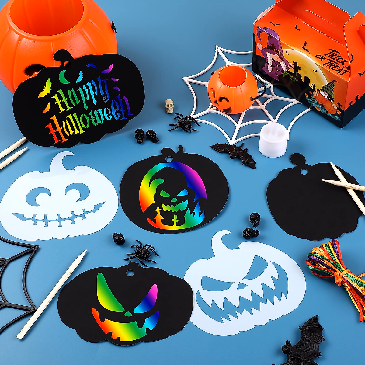 JULMELON 48 Pieces Halloween Scratch Paper Crafts Kit Bulk of Halloween Pumpkins Magic Rainbow Scratch Art for Kids DIY Party Ornaments Halloween Decor with 6 Pcs Halloween Pumpkins Stencils