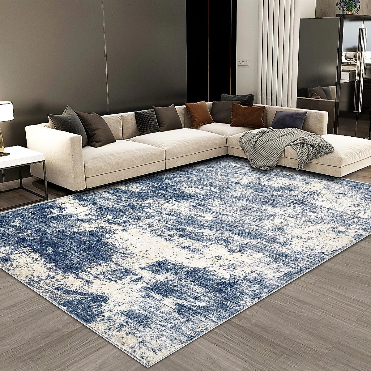 Area Rug Washable Rug 5x7: Modern Abstract Living Room Rug Anti-Slip Backing Stain Resistant Soft Indoor Carpet for Bedroom Kitchen Dining Room Table Home Office(Blue,5'x7')
