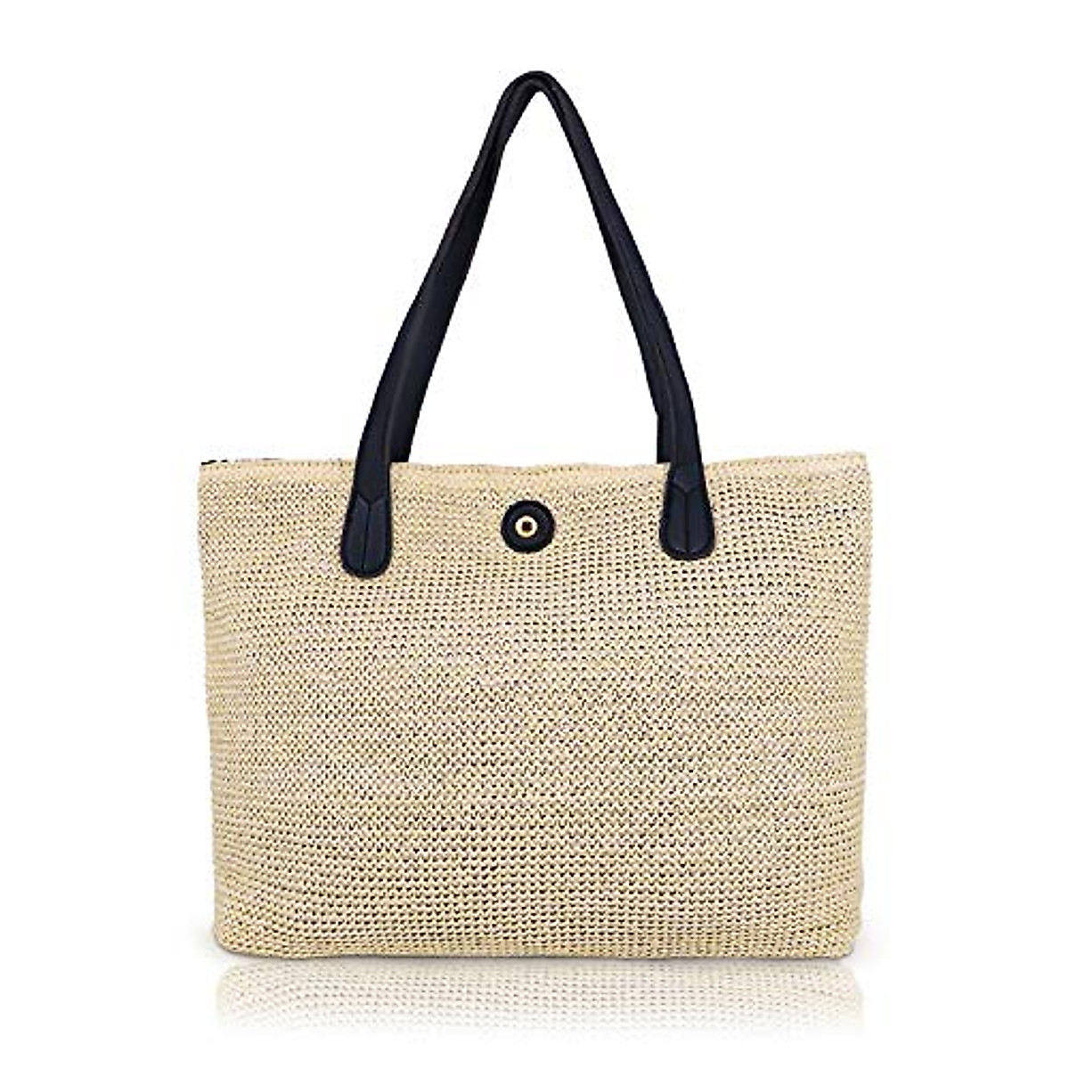 QTKJ Women Straw Summer Beach Bag Handwoven Big Tote Leather Shoulder Handbag with Tassel Decorate (Black)