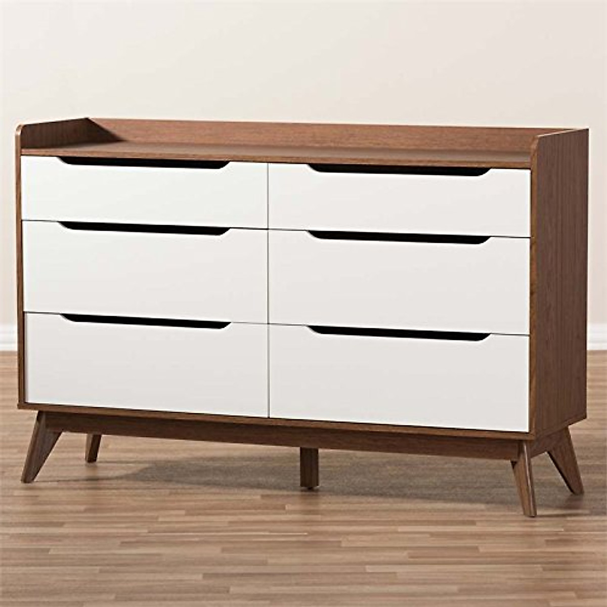 Baxton Studio Brighton 6-Drawer Storage Dresser Mid-Century/White/Walnut Brown/Particle Board/MDF with PU Paper/