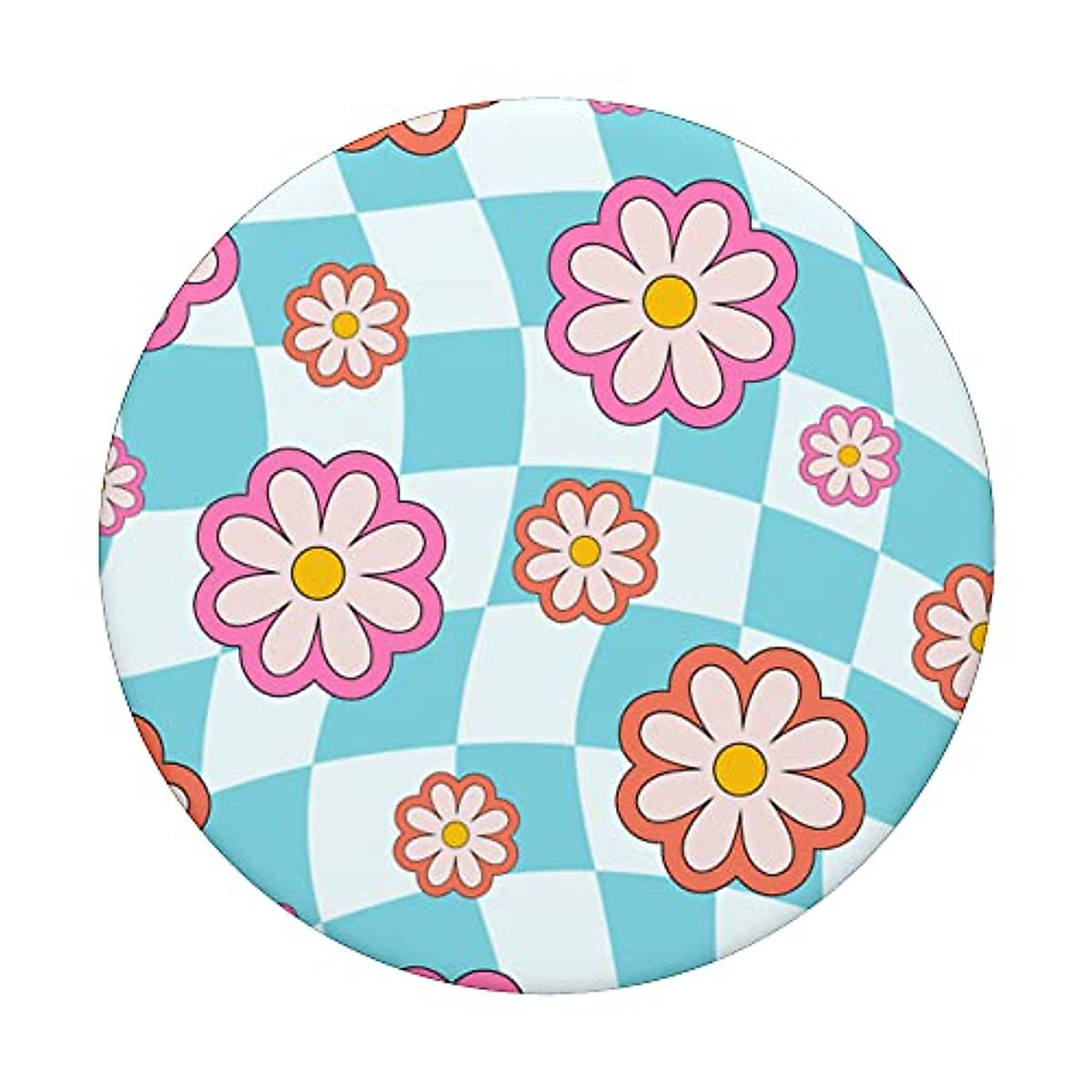 Retro Groovy Flower Hippie Daisy 60s Turquoise Checker PopSockets Swappable PopGrip