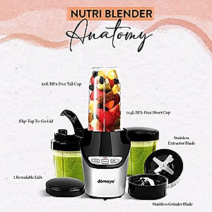 1000W High Power Personal Nutri Blender, Multi-Functional Portable Bullet Blenders for Kitchen, Use as Coffee Grinder, Baby Food Blender, & Shake Maker, With 2 Blades, 1L Tall Blender Cup & 0.4L Small Blender Cup - Domaya