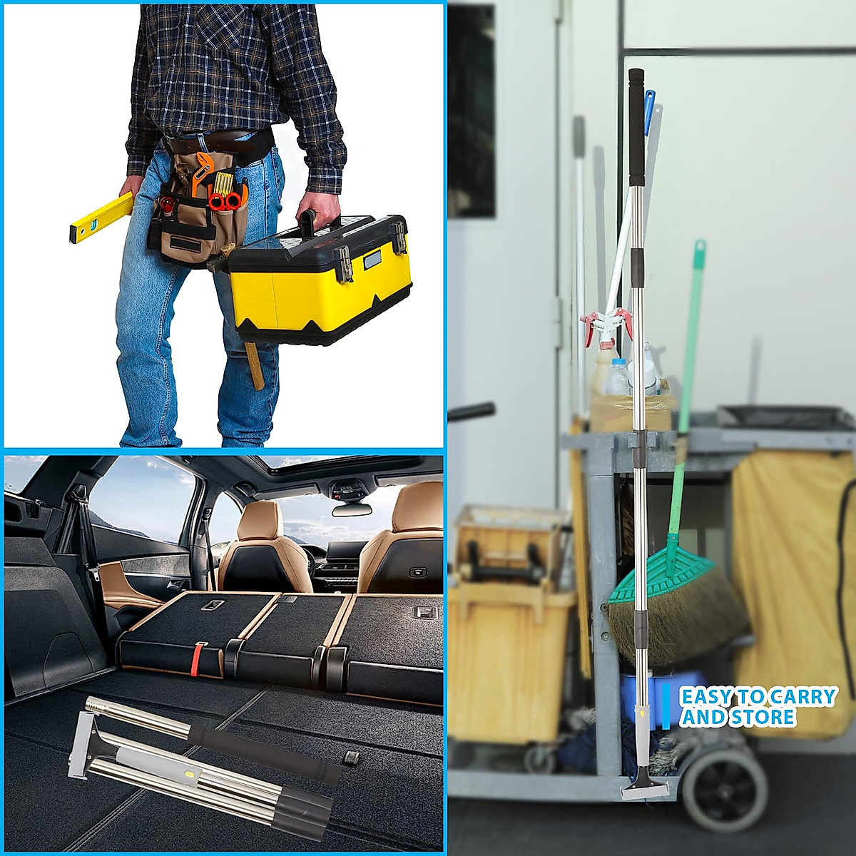 Floor Scraper, Scraper Tool Long Handle Adjustable 31" to 61" with 4-inch Razor Blade Stainless Steel Material Cleaning Glass Wall Gum Paint Tile Glue Linoleum Carpet Sturdy Durable