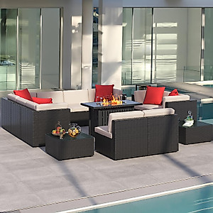 Greesum Patio Furniture 13-Pieces Outdoor PE Rattan Sectional Sofa w/43in Gas Fire Pit Table Sets 55000 BTU Add Warmth to Gatherings Parties On Deck Garden Backyard, Beige