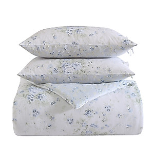 Shabby Chic® - Queen Comforter Set, Reversible Cotton Bedding with Matching Shams, Elegant Floral Home Decor for All Seasons (Bailey Blue, Queen)