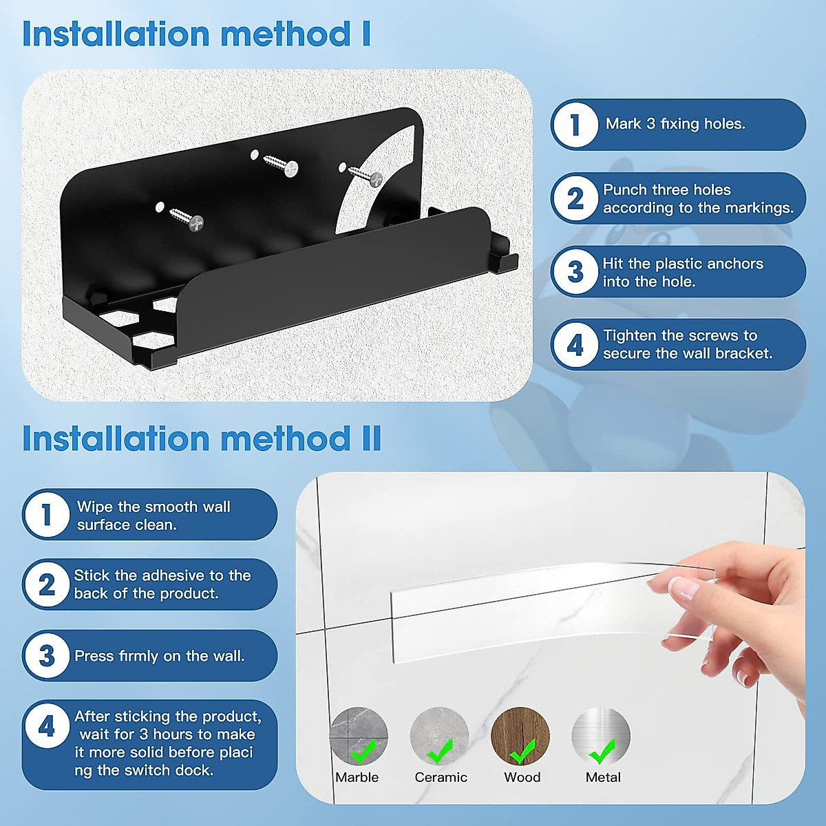 KUNSLCUK Wall Mount for Switch and Switch OLED, Metal Wall Mount Stand Accessories with 28 Game Cards Holder and 2 Joy-Con Hooks, Safely Mount your Switch on Wall Near TV (Black)