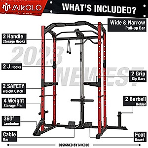 Mikolo Power Cage, Power Rack with LAT Pulldown, 1200 Pounds Capacity Workout Cage with More Training Attachments, Squat Rack for Home Gym, F4-301
