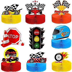 Zonon 9 Piece Race Car Party Decorations Race Car Honeycomb Centerpiece Let's Go Racing Theme Party Cake Ball Table Topper 3D Race Car Paper Centerpiece for Birthday Party Baby Shower Supplies