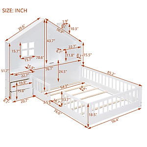 Mirightone Montessori Floor Bed with Rails Full Size Kids Bed Frame with Storage Drawers and Shelves Wood Platform Bed with House-Shaped Headboard and Charging Station, White