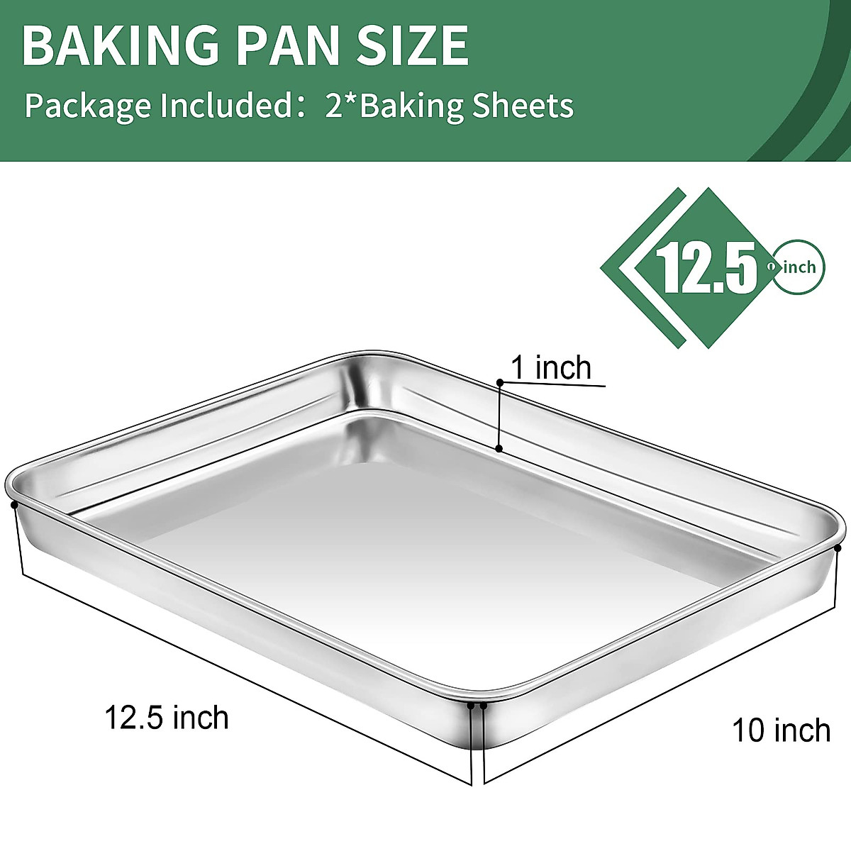 Baking Sheets Set of 2, HKJ Chef Cookie Sheets 2 Pieces & Stainless Steel Baking Pans & Toaster Oven Tray Pans, Rectangle Size 12.5Lx10Wx1H inch & Non Toxic & Healthy & Easy Clean…