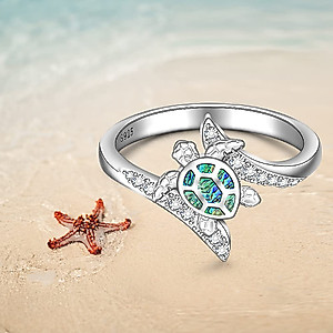 Fenthring Sterling Silver Sea Turtle Ring Abalone Shell Ocean Wave Cute Animal Rings for Women Jewelry Mothers Day Longevity Gifts Size 9