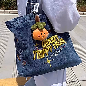 Tote Vintage Denim Embroidery Casual Cool Girl Shoulder Bag Soft Student Large Capacity Shopping Bag Harajuku (blue)