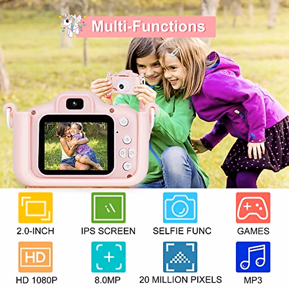 Unicorn Camera for Kids Girls, Christmas Birthday Gifts for Girls Age 3-8, HD Selfie Digital Video Camera for Toddler, Cute Toy Camera with 32GB SD Card Little Girl Toy for 4 5 6 7 8 9 Years Old
