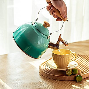 ROCKURWOK Whistling Tea Kettles, 1.6 QT/50 OZ, Small Tea Kettle, Universal Base for Induction, Gas, Electric, Halogen, Radiant, Wooden Handle for Cool Touch,Gradient Green
