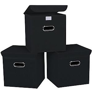 STOREONE Foldable Storage Bins Cubes Storage Organizer With Lid,Fabric Cube Storage Box With Handle,For Home Bedroom Office,Closet, Clothes, Toys,3 Pack,（Black