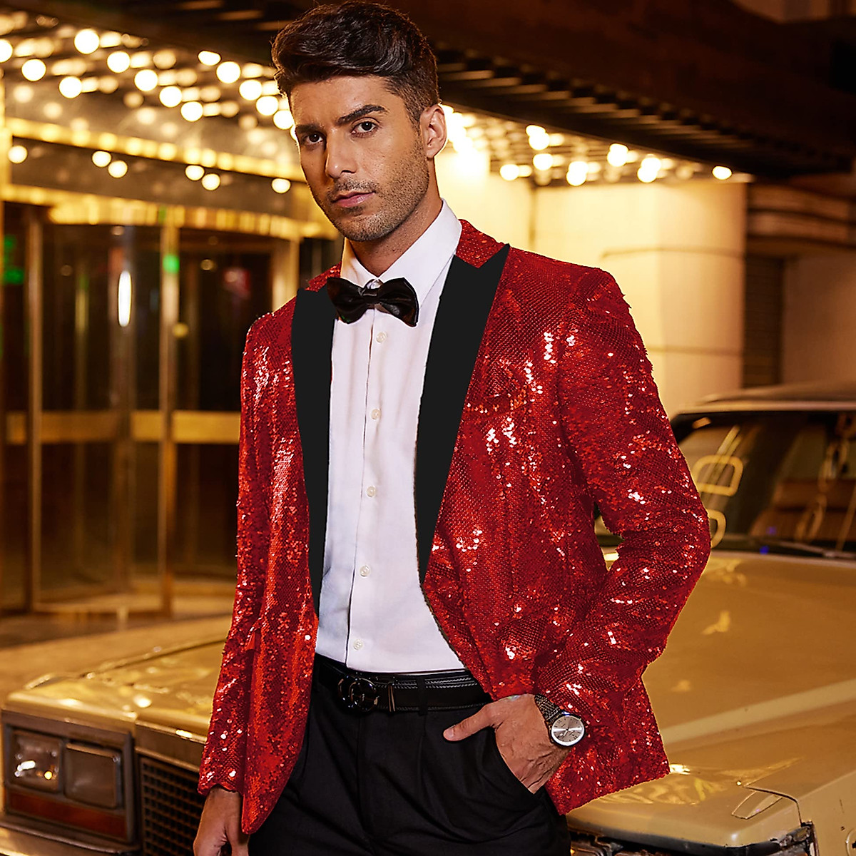 COOFANDY Mens Sequin Suit Jacket Stylish Shawl Lapel Glitter Blazer Jacket with Pockets Red
