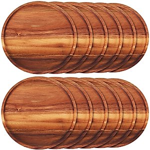 Rtteri 12 Pieces Acacia Wood Dinner Plates 9.8 Inch Round Wood Dishes Wooden Charger Serving Tray Easy Cleaning Lightweight Unbreakable Classic Plate for Dishes Snack, Dessert, Housewarming Gift