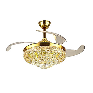 Lighting Groups 42" Invisible Crystal Black Ceiling Fans with 5 Light Bulbs Remote Control 4 Retractable Blades Bedroom Diningroom Fan Chandelier Indoor Ceiling Light Kits with Fans (42 Inch, Black F)