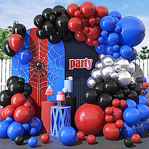 Red Blue Black Balloon Arch Kit, Royal Blue Red Black Garland Kit with Metallic Silver Latex Balloon for Spiderman Theme Party Boys Kids Birthday Baby Shower Graduation Baseball Party Decorations