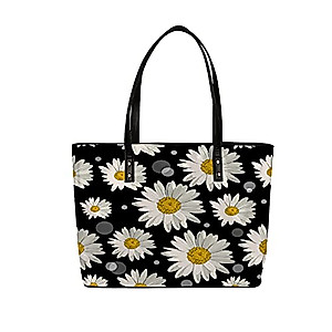 Leather Tote Shoulder Bags for Womens Flower Floral Daisy Handbags Large Capacity with Zipper for Work Travel School Dating Lightweight Water Resistant Hobo Bag