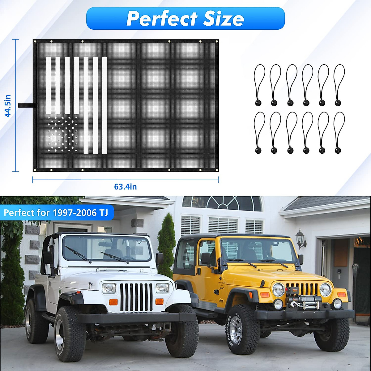 Jimen for TJ Sun Shade, Mesh Bikini Top Sunshade Compatible with Jeep Wrangler TJ 1997-2006 (American USA Flag)