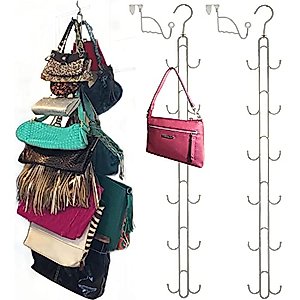 2-Pk Over Door Hanging Purse Storage - DURABLE, Holds 50 POUNDS, ROTATES 360 for easy access; Purses, Handbags, Satchels, Crossovers, Backpacks,12 Hooks, Chrome (Set of 2)