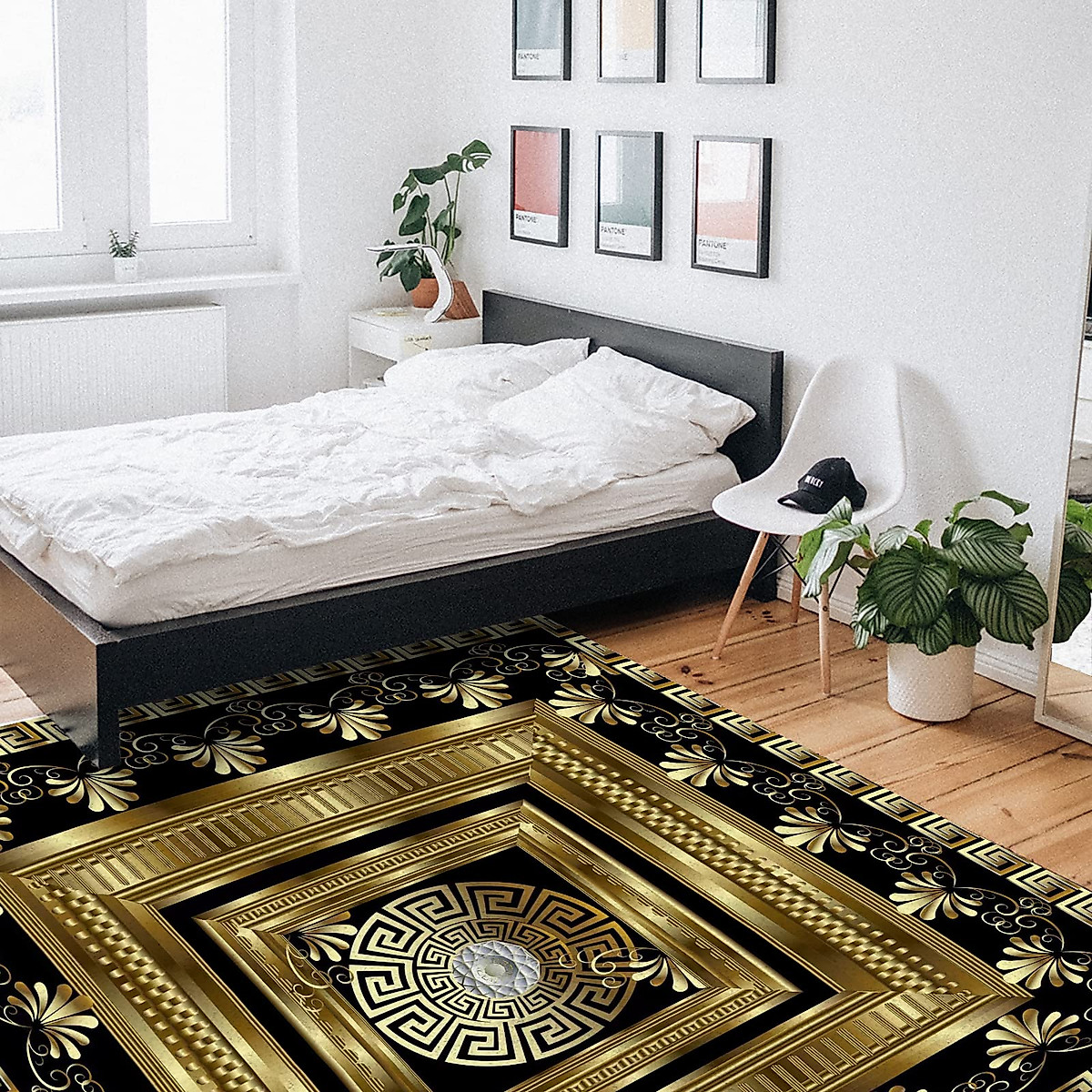 Retro Black Gold Greek Key Meander Area Rugs, 3D Geometric Gold Print Entryways Mat, Machine Washable Soft and Comfortable for Room Living Room Office Dining Indoor Outdoor Hallway, 4ft x 6ft