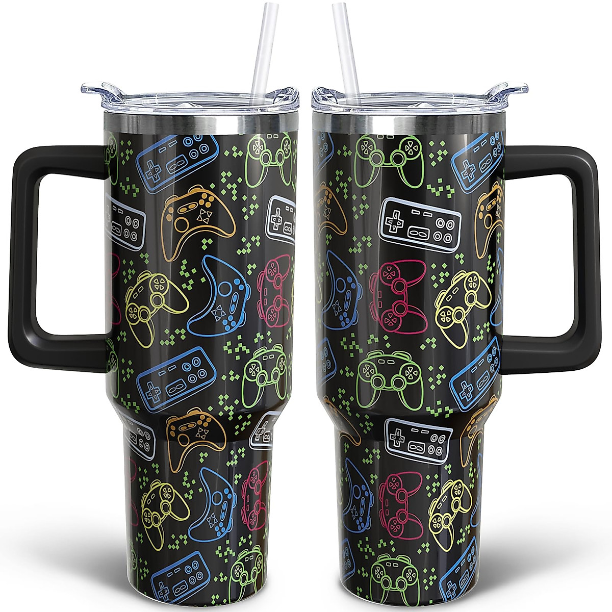 puhnhsv 40 oz Gaming Tumbler With Handle and Straw, 30oz Insulated Stainless Gaming Tumbler Coffee Travel Mugs Cup Water Bottle Game Lovers Gifts for Men Boys