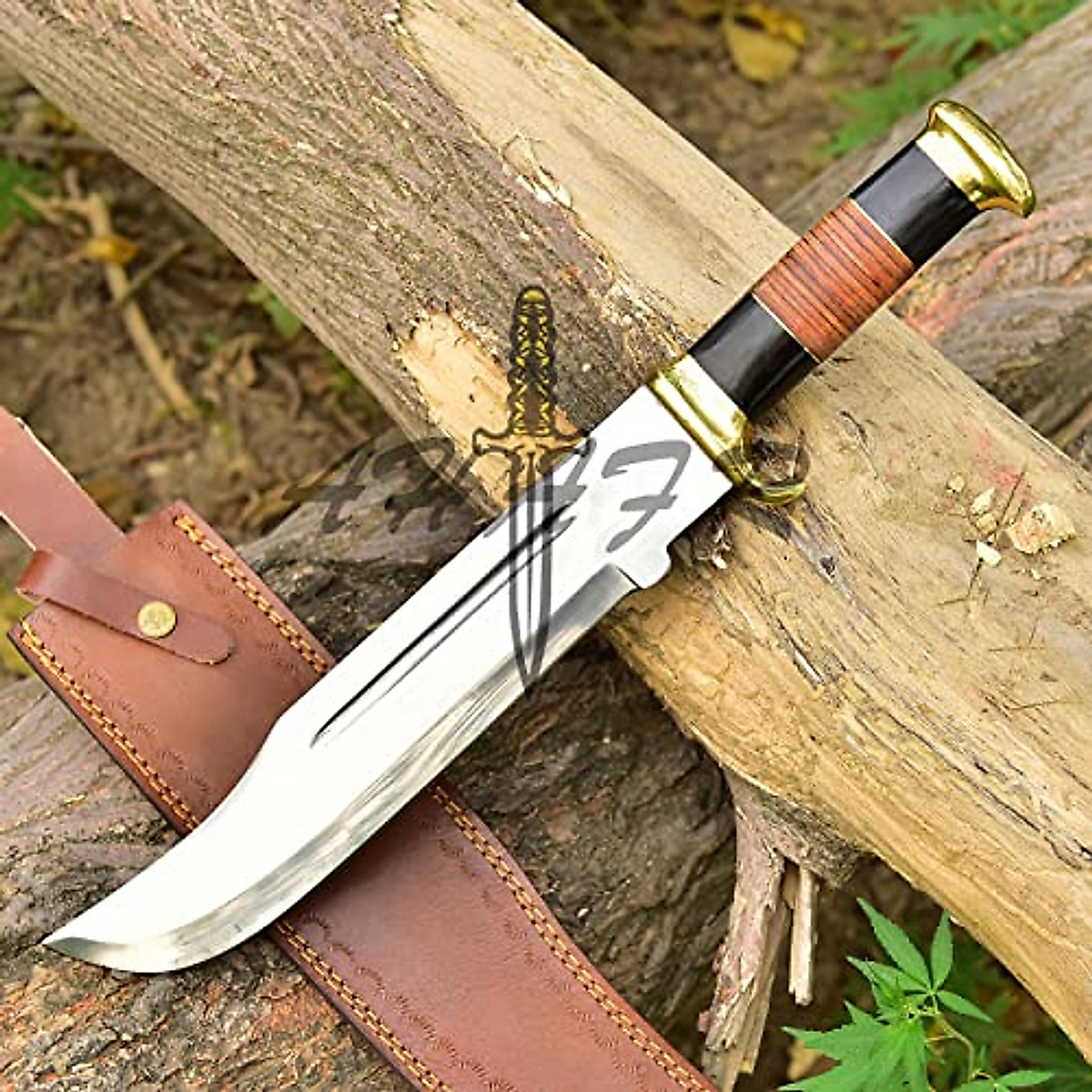 AHAFR Crocodile Dundee Bowie Knife D 2 Steel Handmade 18" Buffalo Horn Leather Handle Knife Large Hunting Bowie Knife With Leather Sheath Razor Sharp KE-0547-HK