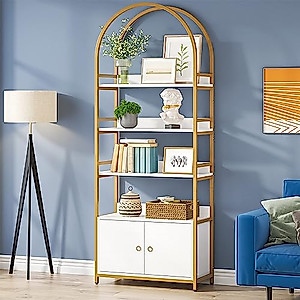 Tribesigns Gold Bookshelf with Door, 75.9 Inch Tall Etagere Bookcase with Storage Cabinet Shelf, 4-Tier Modern Display Shelf for Bedroom Living Room
