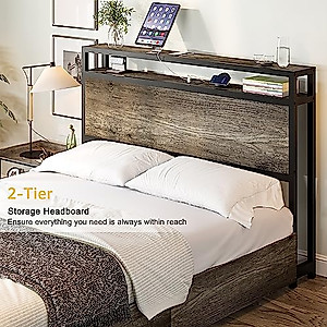 LUXOAK King Size Bed Frame with 4 Storage Drawers, Wooden Platform Bed with 2-Tier Storage Headboard and Charging Station, No Box Spring Needed/Noise Free/Rustic Grey