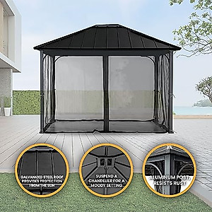 Sunjoy Hildreth 11 x 13 Foot Screened Gazebo Canopy Outdoor Pergola Tent with Steel Roof and Aluminum Posts for Backyard Patio Shade, Black