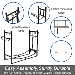Yorovent 3FT Heavy Duty Firewood Rack,Log Storage Stand Rack With Fireplace Tool Set Removable Kindling Holder,Shovel,Poker, Tongs, Brush,Anti-Rust And All Weather Resistant,For Indoor Outdoor Black