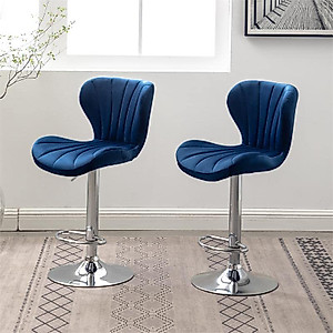 Roundhill Furniture Ellston Velvet Adjustable Swivel Barstools in Blue, Set of 2