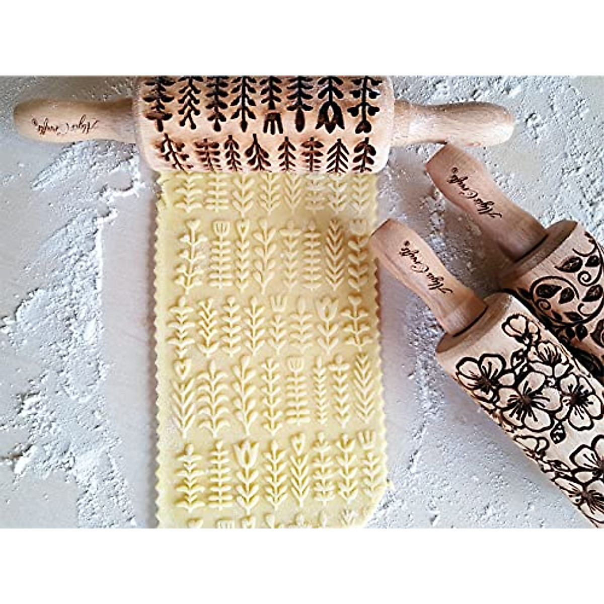 GARDEN BLOSSOMS 3 Small Size Embossed Rolling Pin Set. Wooden Laser Engraved Embossing Dough Roller for Embossed Cookies Gift for Birthday, Easter, Christmas by Algis Crafts