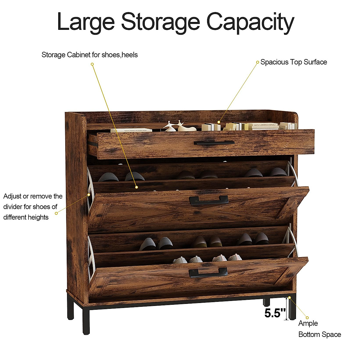 Hooseng Shoe Cabinet, Wooden Shoes Rack Shoe Storage Cabinet with 2 Flip Drawers & 1 Small Drawer Small Shoe Rack Organizer Freestanding Tipping Bucket Shoe Rack for Entryway, Hallway, Rustic Brown