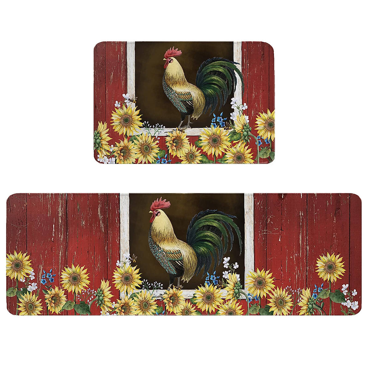 Farmhouse Rooster Kitchen Mats and Rugs Set of 2, Washable Absorbent Chicken Sunflower Kitchen Runner Rug Carpet Anti-Fatigue Comfort Mat for Kitchen Bathroom Laundry
